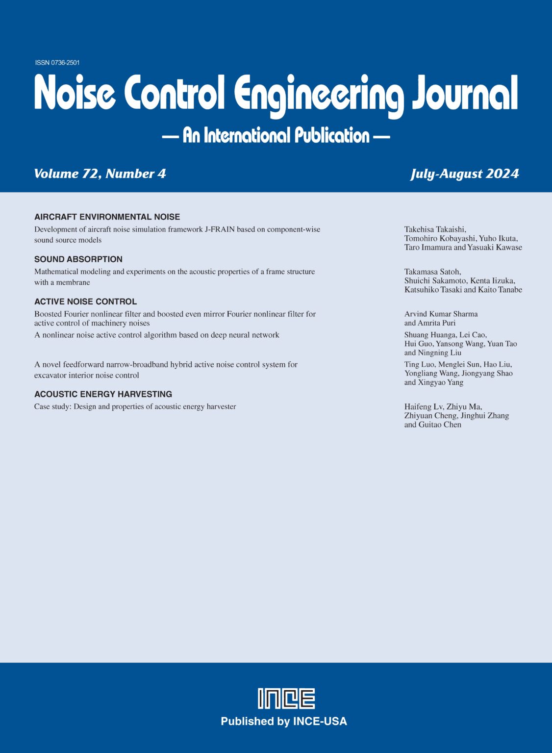 Noise Control Engineering Journal: July-August 2024 Issue Now Available ...